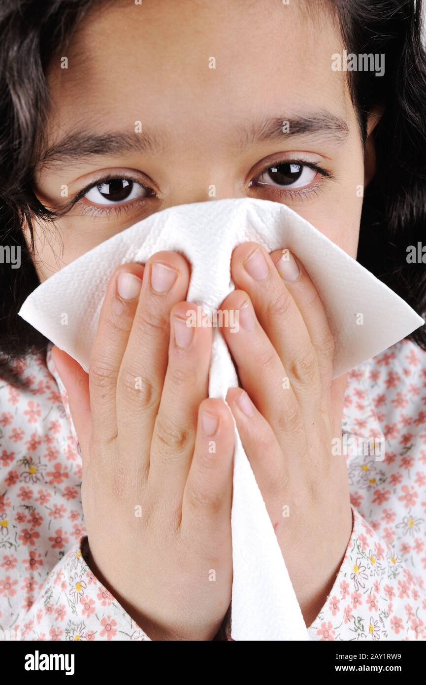 Little sick girl isolated over white background Stock Photo - Alamy
