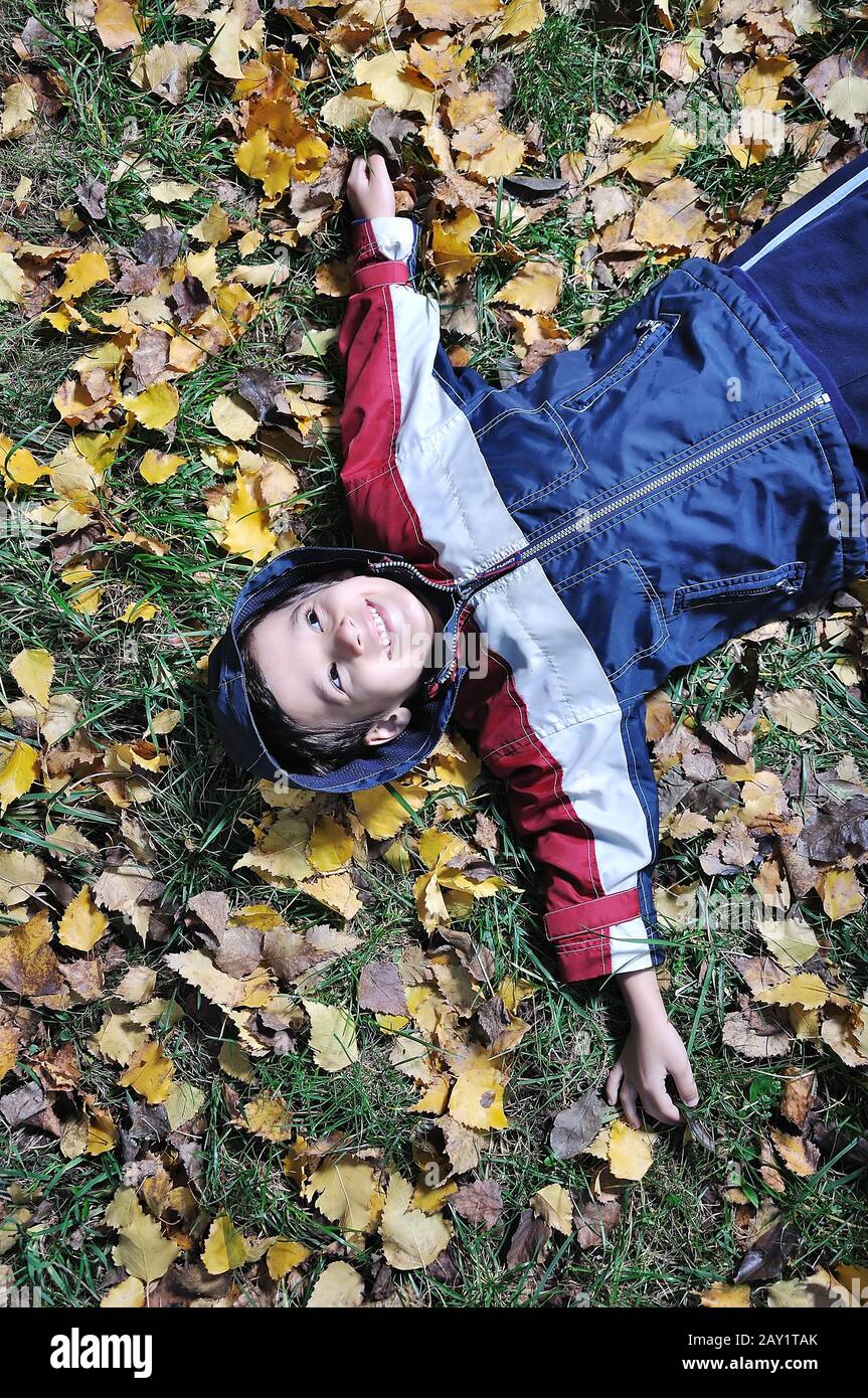 Little cute kid laying on the fall ground Stock Photo - Alamy