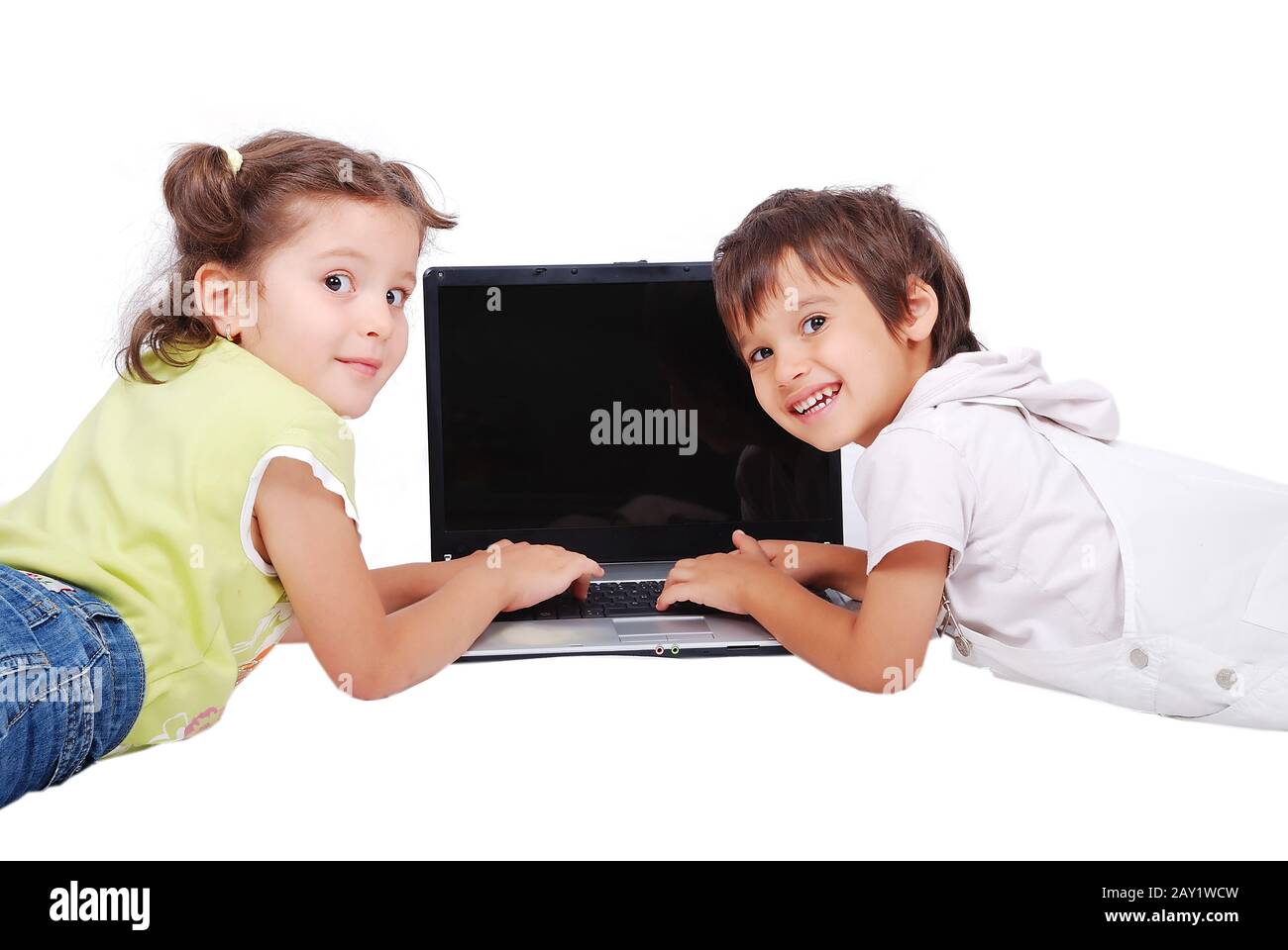 Chidren activities on laptop isolated in white Stock Photo - Alamy