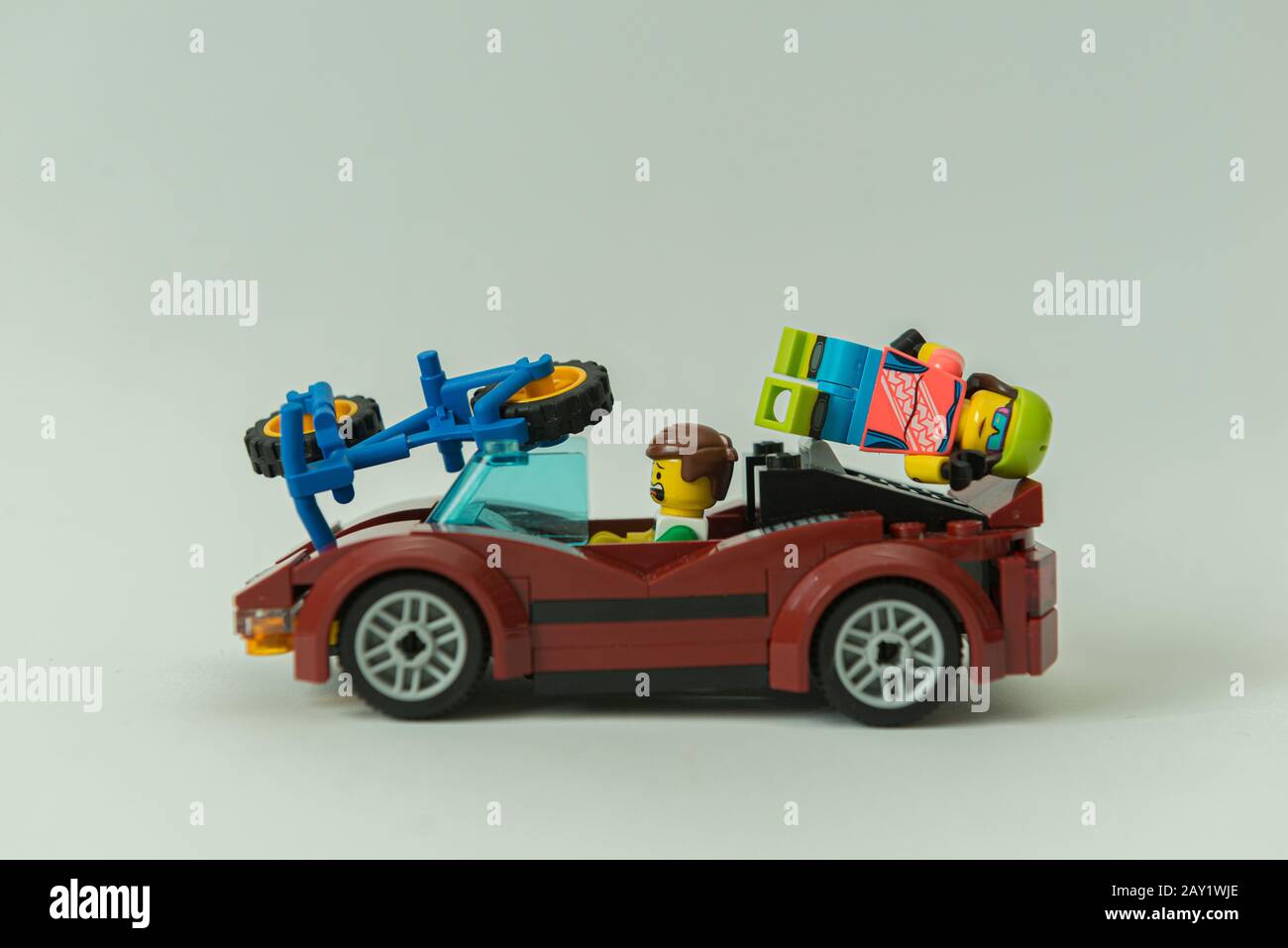 Florianopolis - Brazil, February 2, 2020: Minifigure of cyclist getting ...