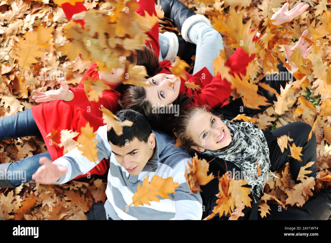 Happy group of young friends together in fall park Stock Photo - Alamy