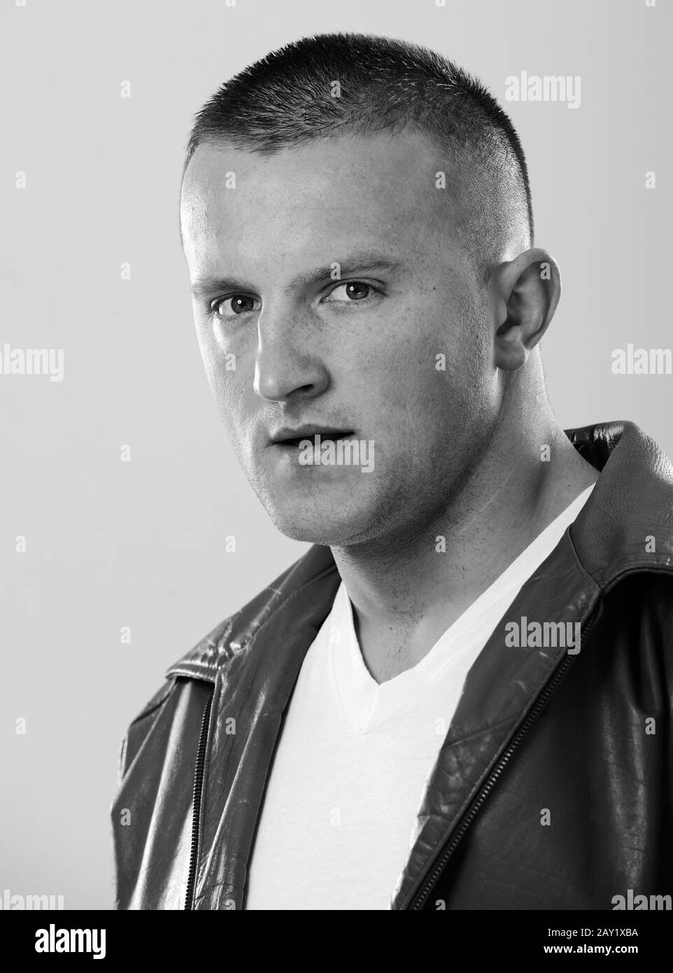 Closeup portrait attractive happy caucasian Black and White Stock ...