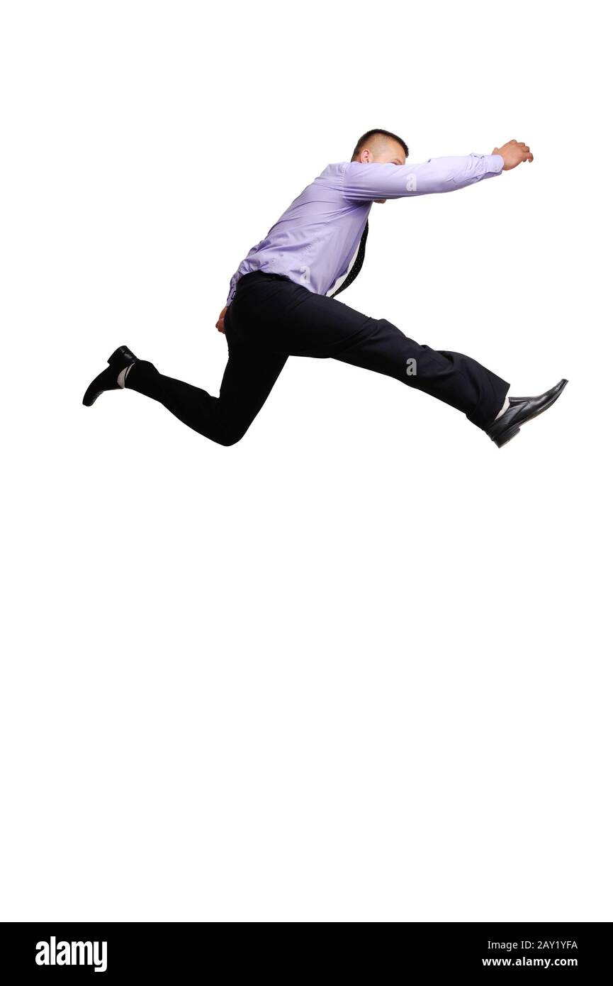 Jumping businessman isolated on white background Stock Photo - Alamy
