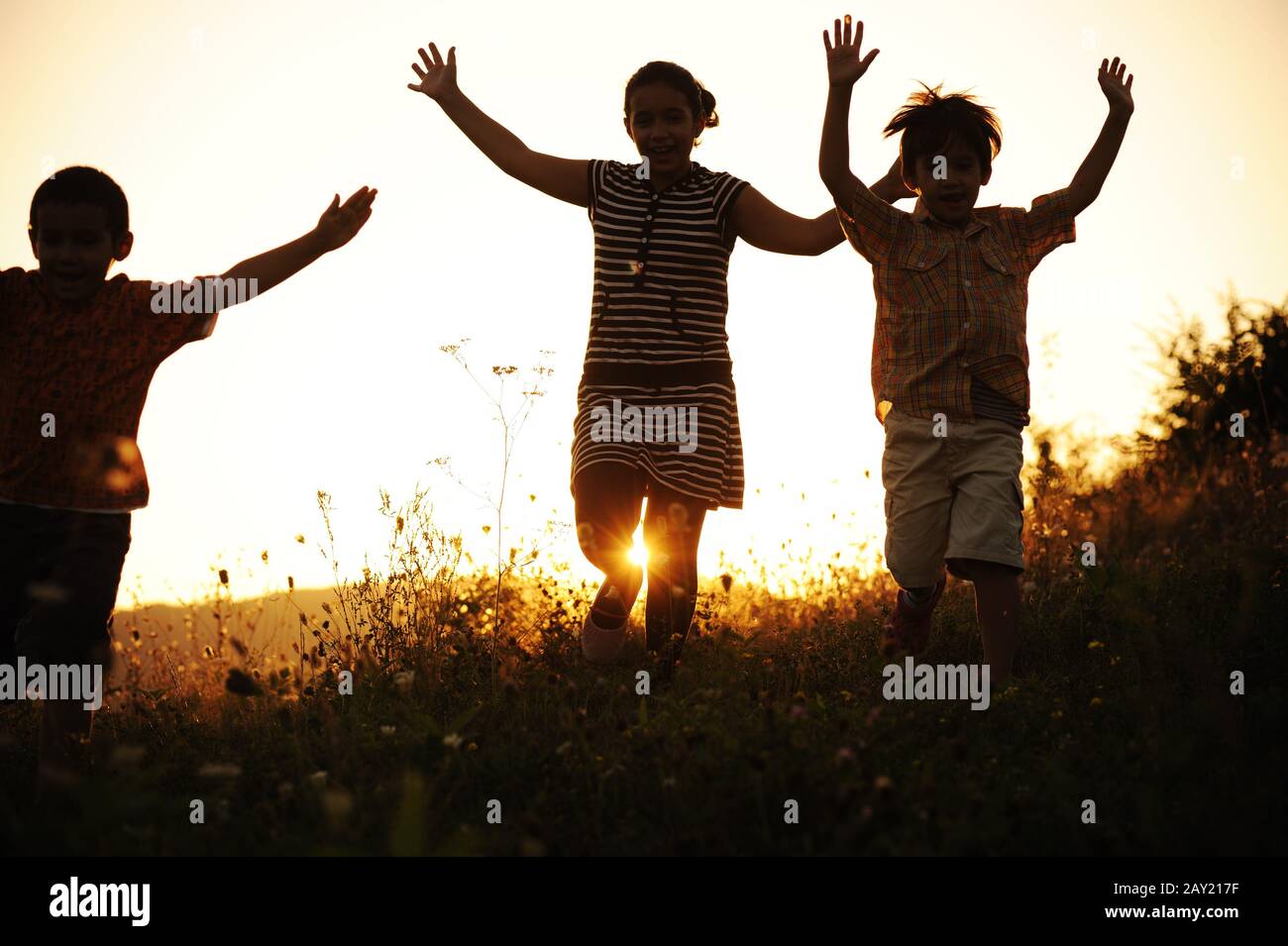 Happy children in nature at sunset Stock Photo - Alamy