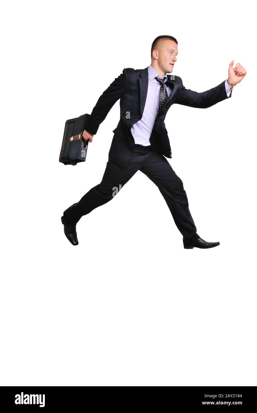 Full length portrait of a businessman running away against white ...