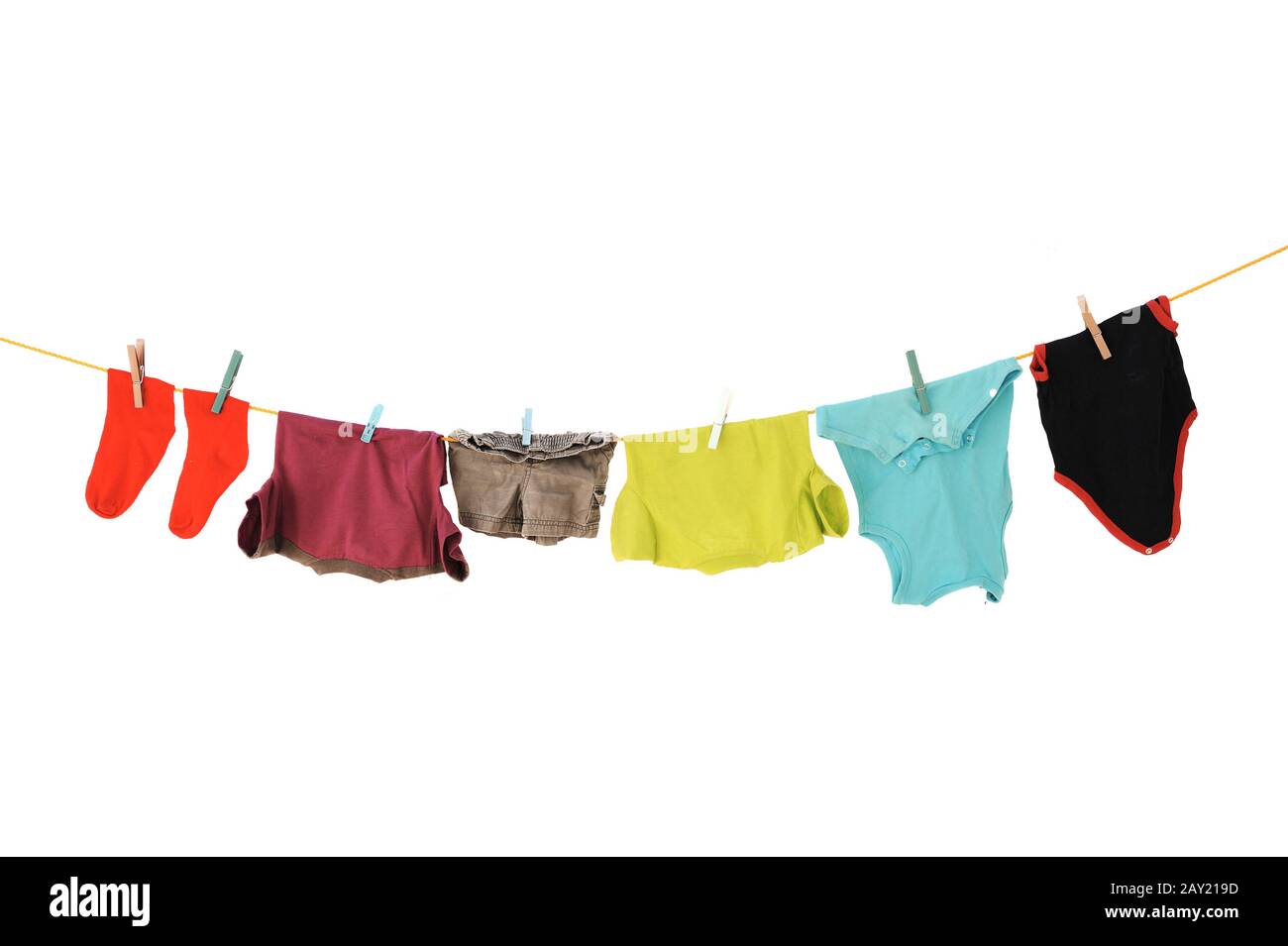 Laundry line with clothes on a white backround Stock Photo - Alamy