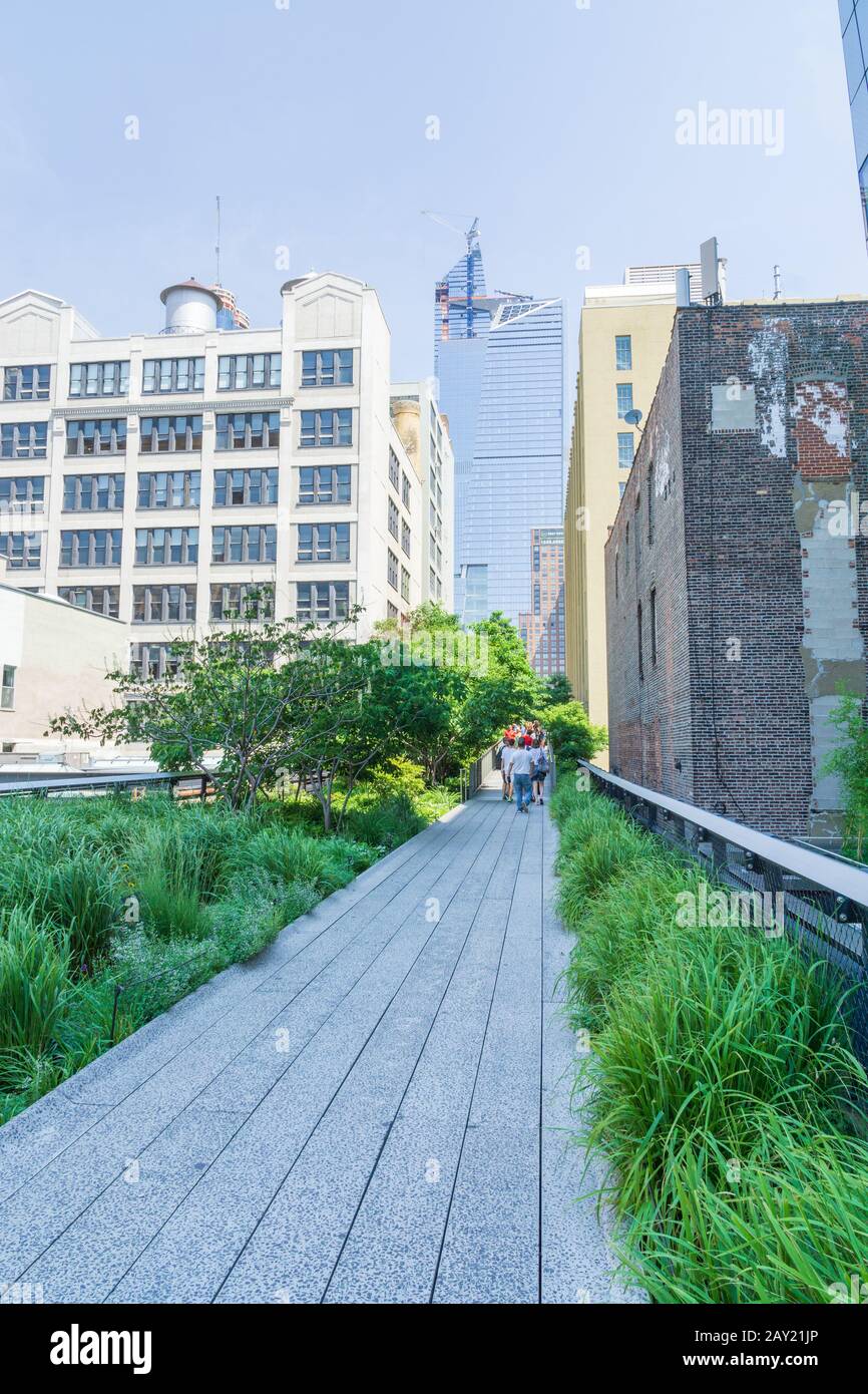 New York, USA - August 20, 2018: The High Line is a park built on an historic freight rail line ...