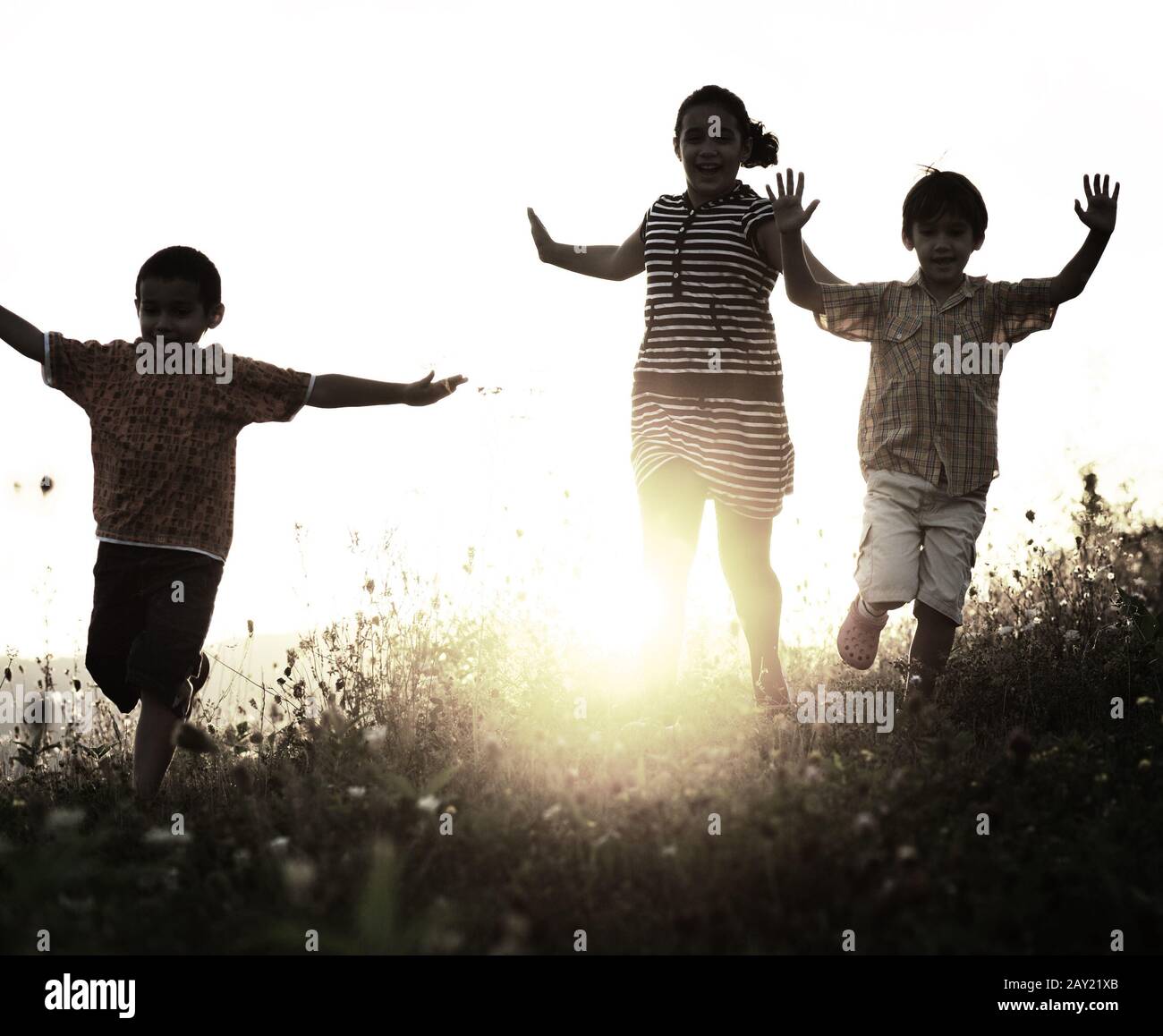 Happy children in nature at sunset Stock Photo - Alamy