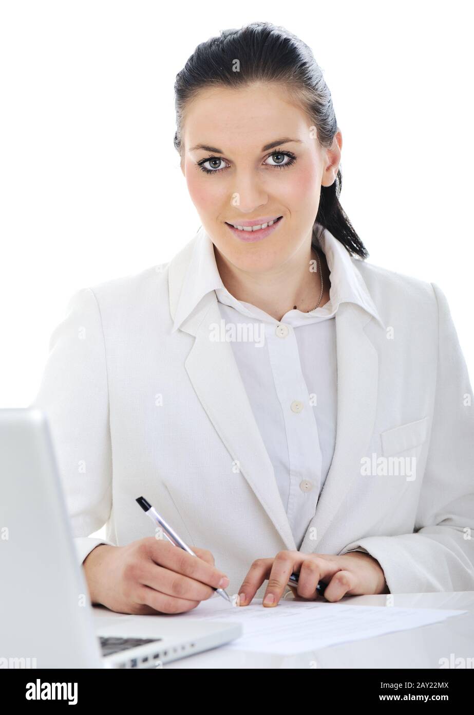 Business woman on desk signing agreement Stock Photo - Alamy