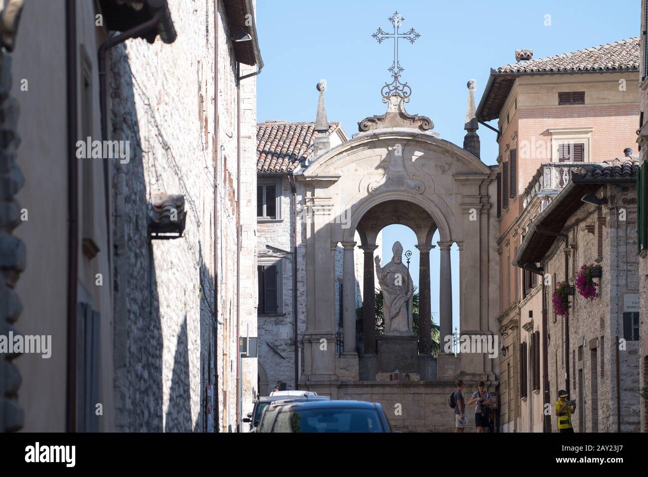 Statue of St. Ubaldo XVIII in historic centre of Gubbio, Umbria, Italy ...