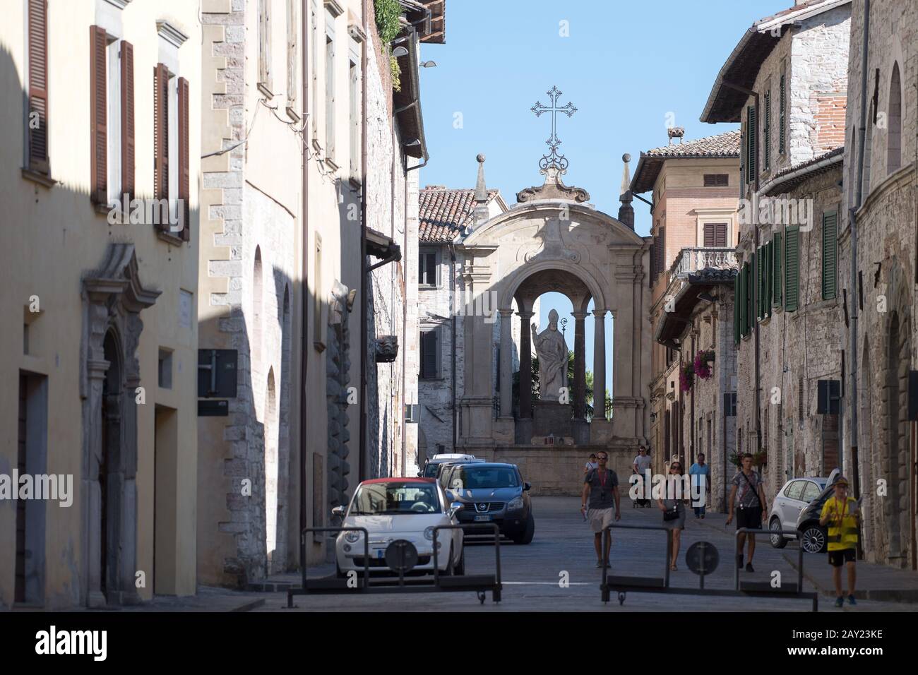 Statue of St. Ubaldo XVIII in historic centre of Gubbio, Umbria, Italy ...