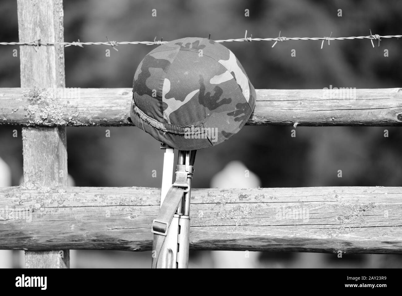 Military rifle and helmet Stock Photo - Alamy