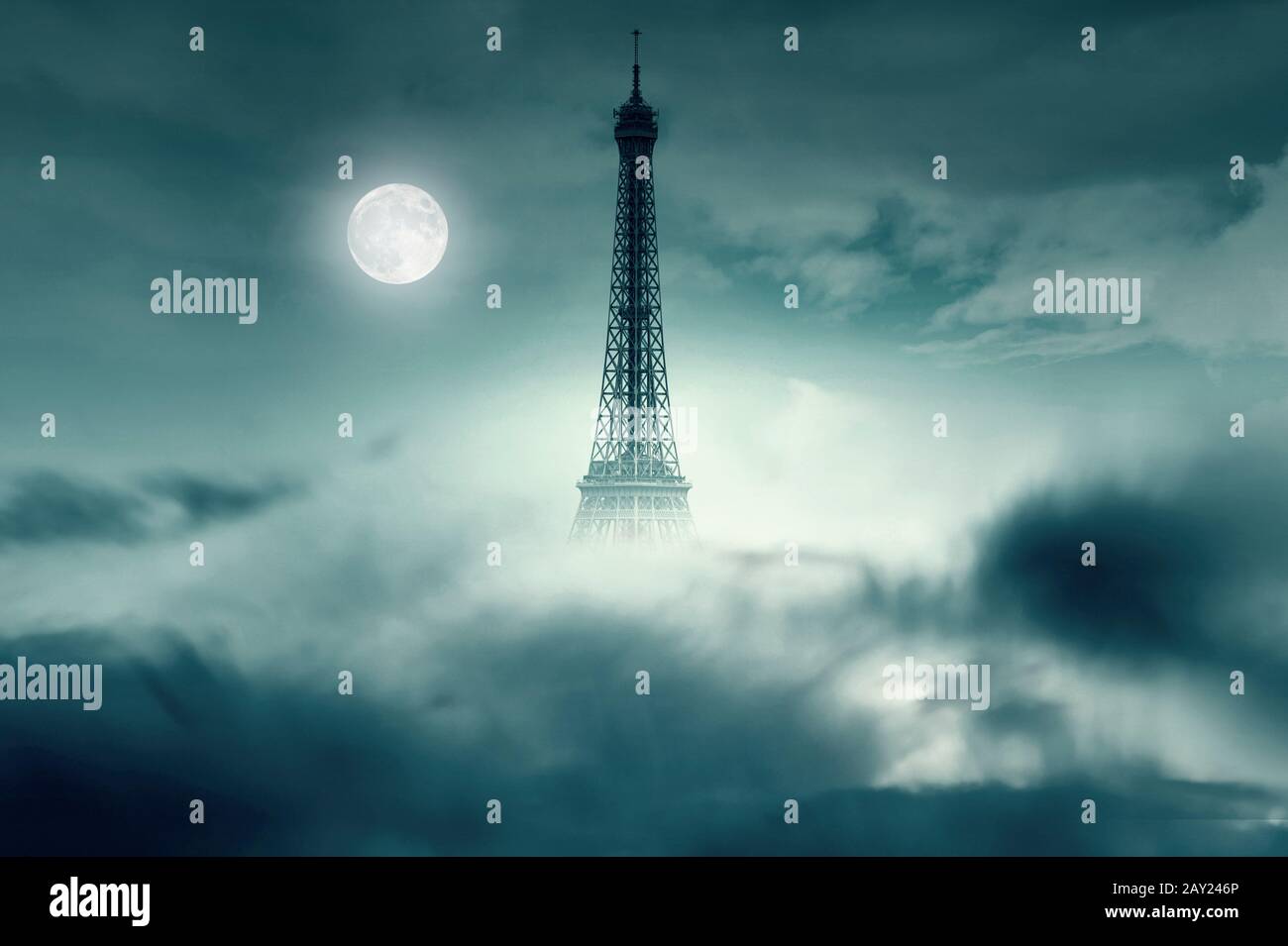 Night with Moon and Eiffel tower in Paris Stock Photo - Alamy