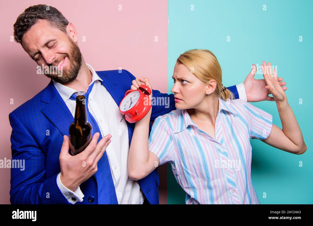 Family conflict. Hangover. Addiction concept. Stop drinking. Girl meet ...