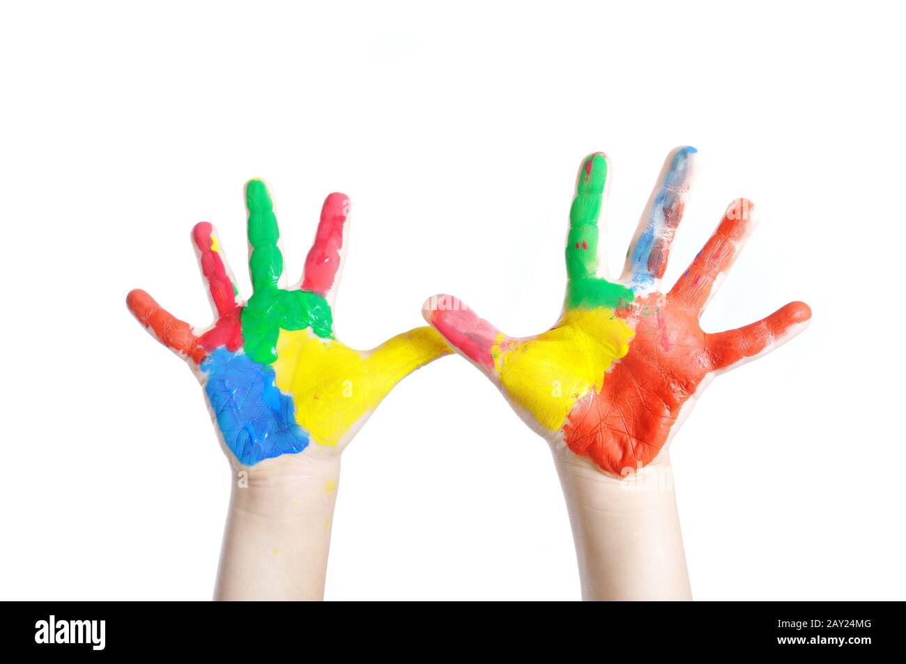Child hands painted in colorful paints ready for hand prints Stock ...