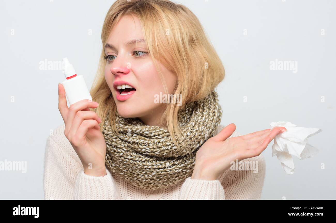 Breathing in gently. Treating common cold or allergic rhinitis. Cute ...