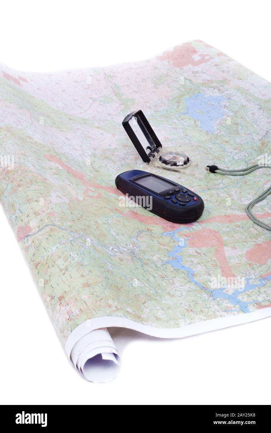Maps, compass, gps and equipment isolated in white Stock Photo - Alamy