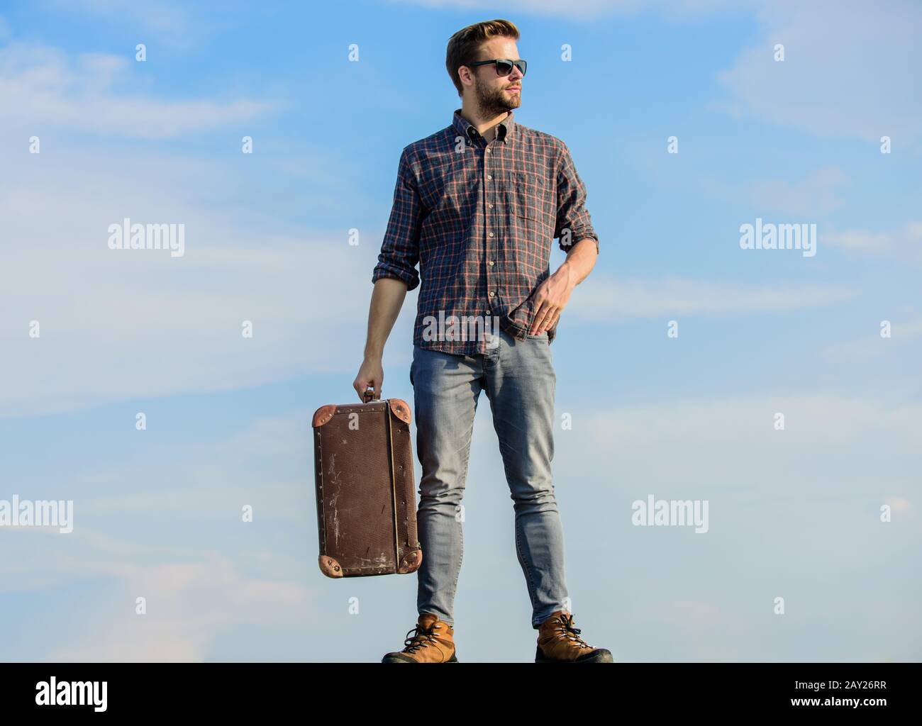 Vacation time. Travel agency. Business trip. Handsome guy traveler ...