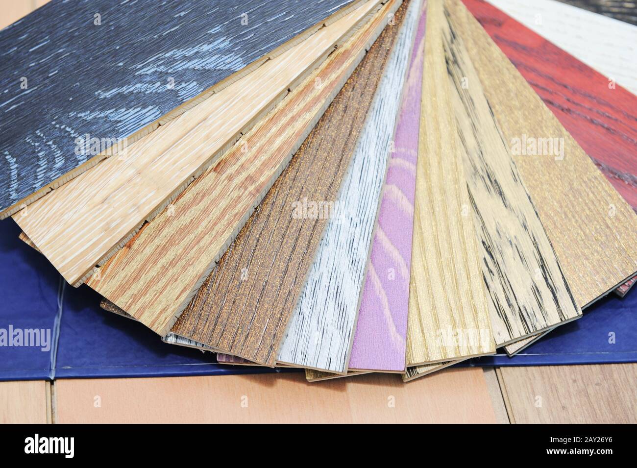 Top samples of various color palette - wooden floor Stock Photo - Alamy