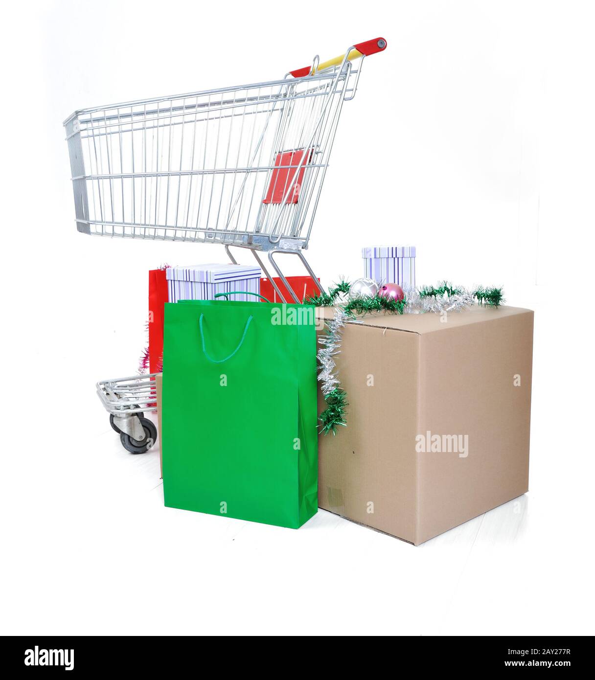 Shopping cart with boxes and bags Stock Photo - Alamy