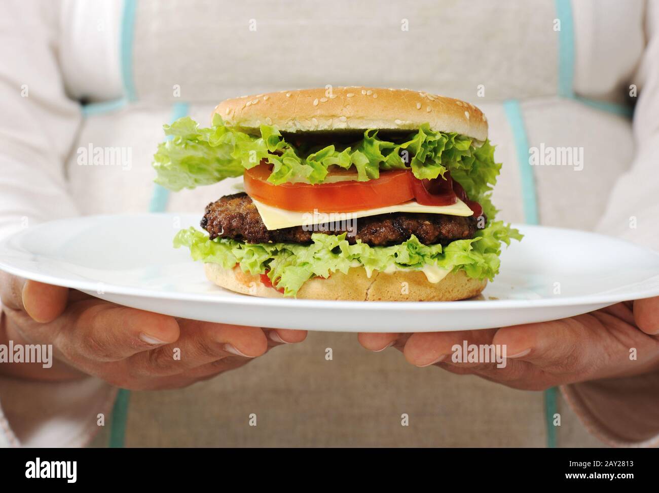 Burger on plate in hands Stock Photo - Alamy