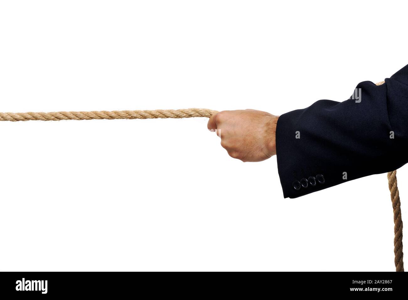 Business man pulling a rope isolated on white background in studio ...