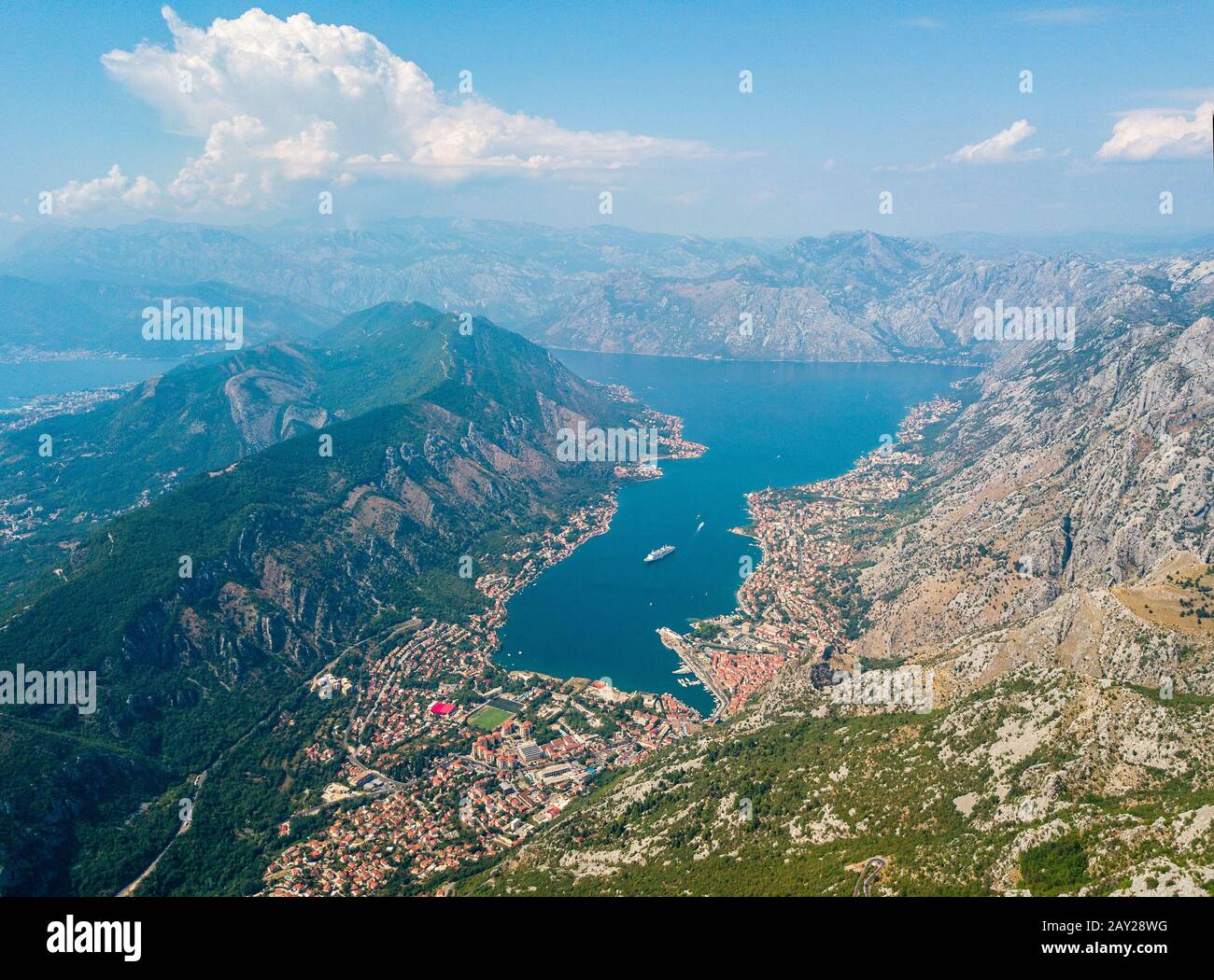 Aerial view of the Bay of Kotor, Boka. Old city of Kotor ...