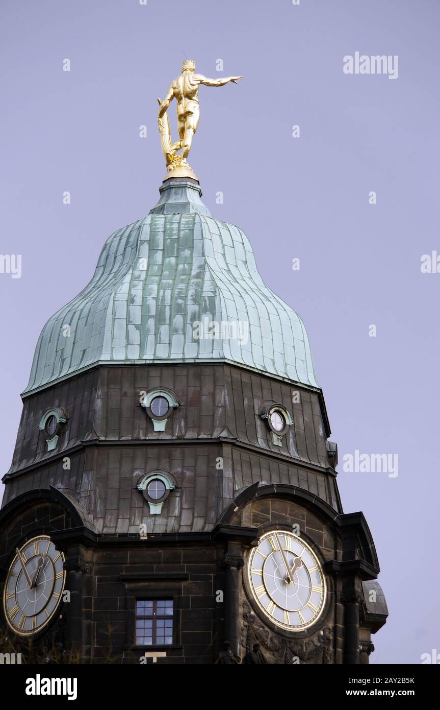 Town hall tower with tower clock and golden town hall man Stock Photo ...