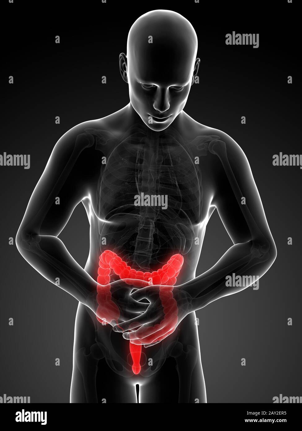3d rendered illustration of a man having bellyache Stock Photo - Alamy