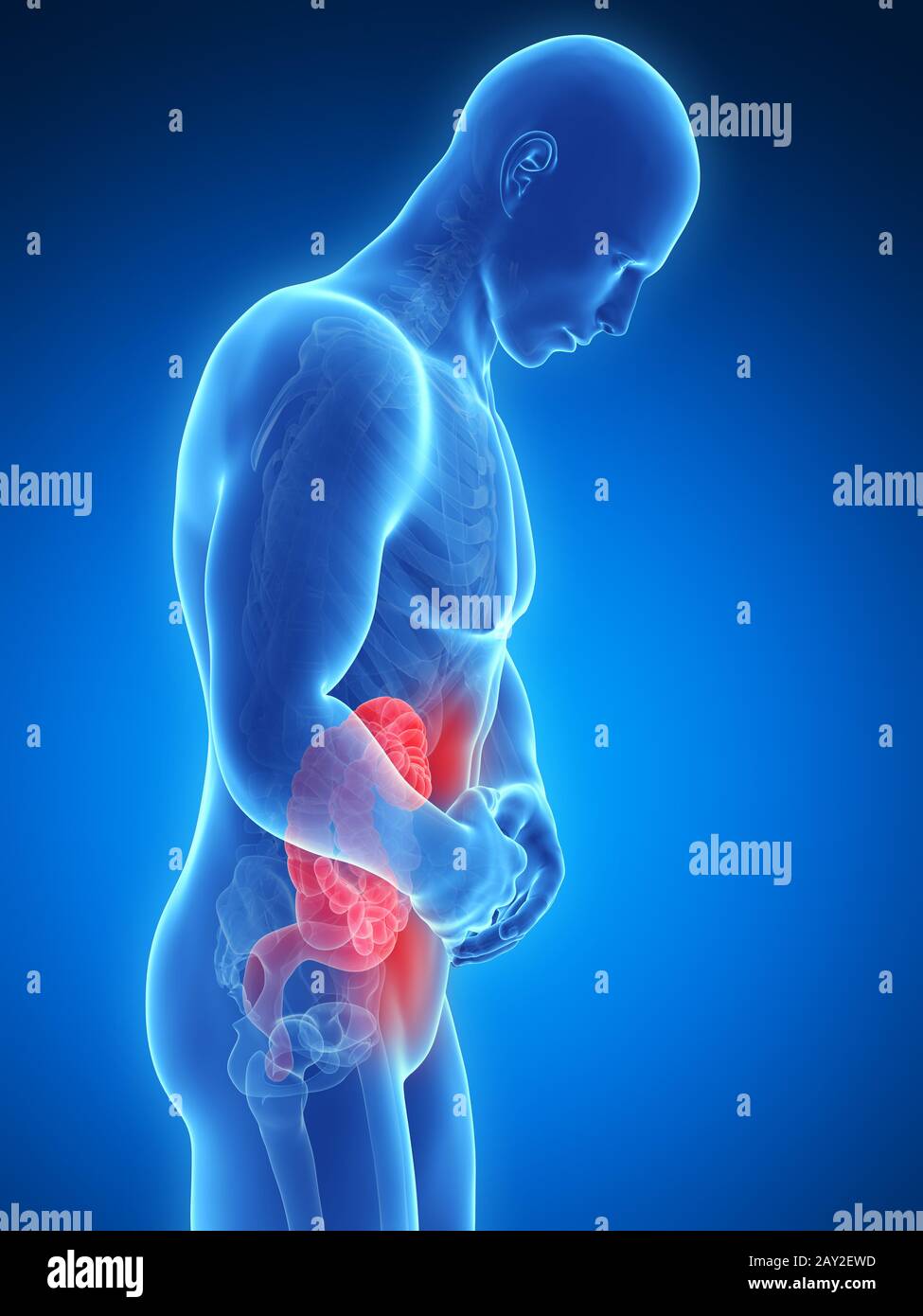 3d rendered illustration of a man having bellyache Stock Photo - Alamy