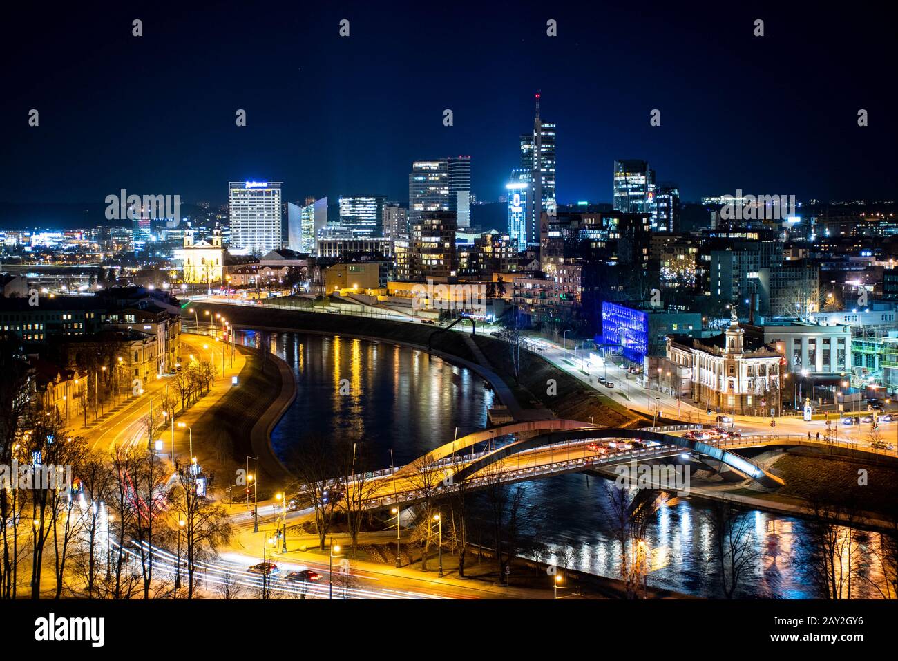 Vilnius, capital of Lithuania, night scenic aerial panorama of modern ...