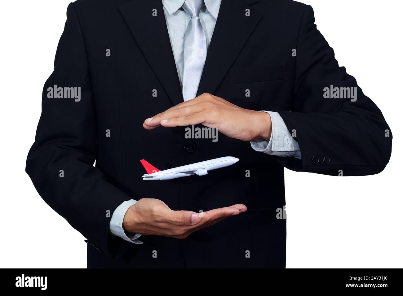 airplane flight in hand of businessman, isolated on white background ...