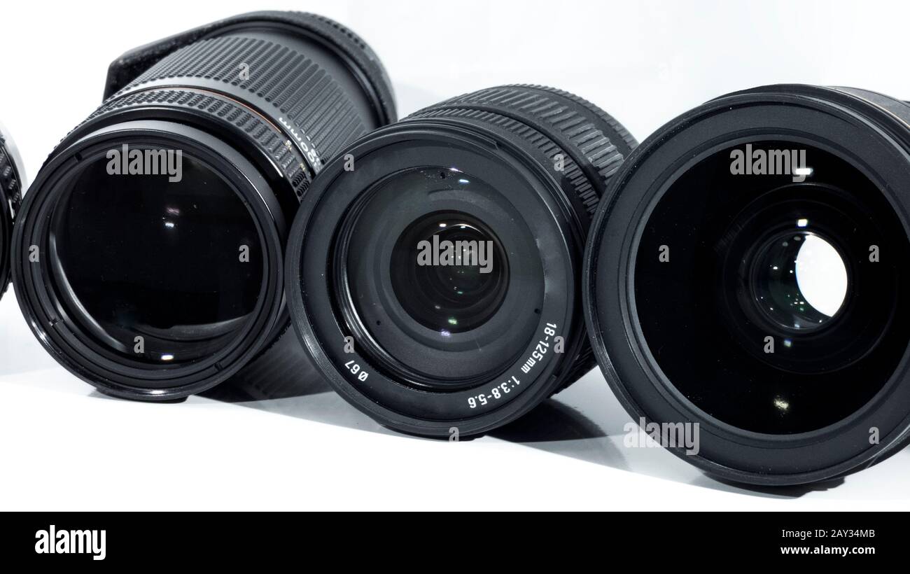 Collection of camera lens isolated on white background Stock Photo - Alamy
