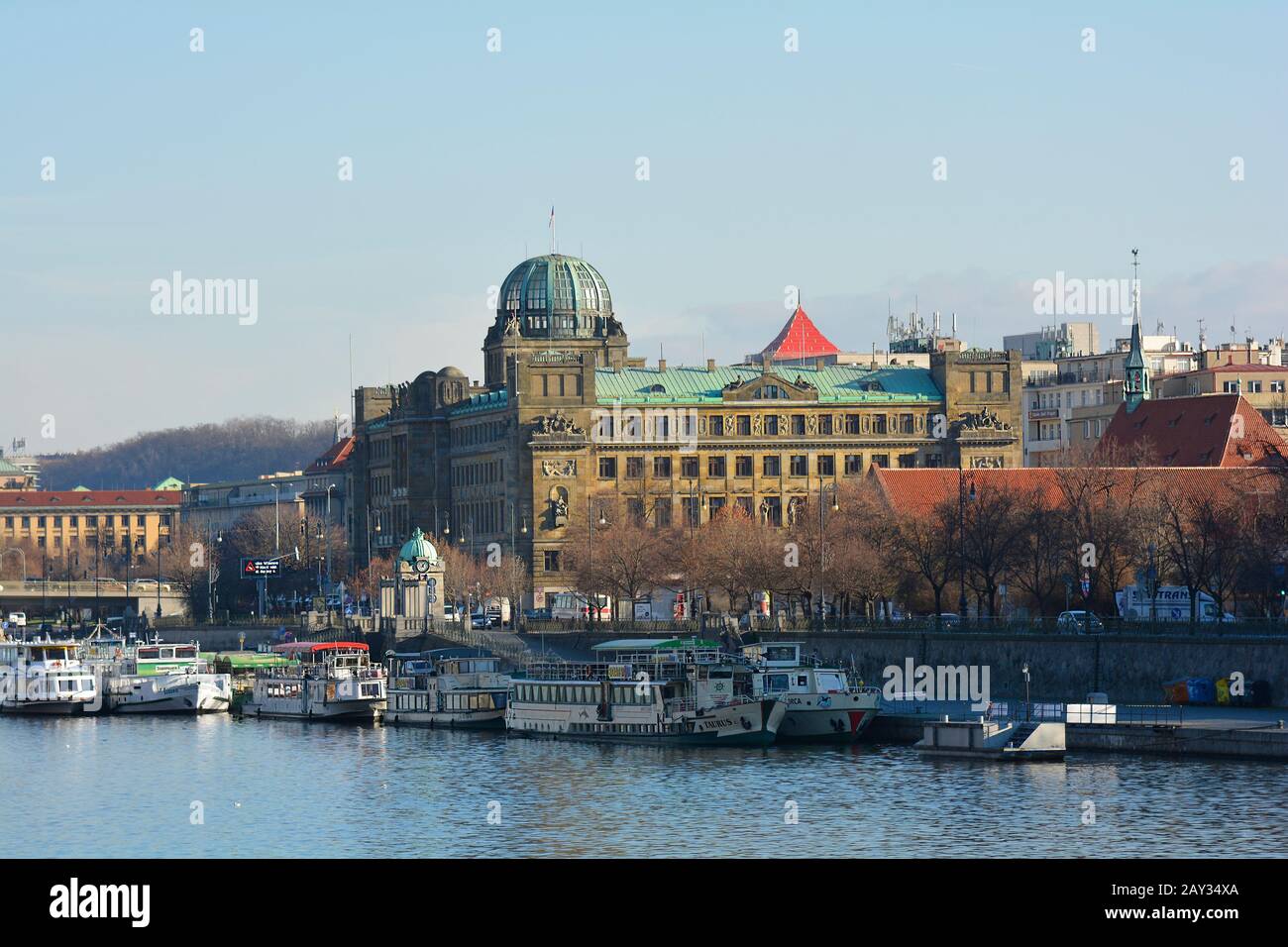 Prague, Czech Republic - December 3rd 2015: Building and boat station ...