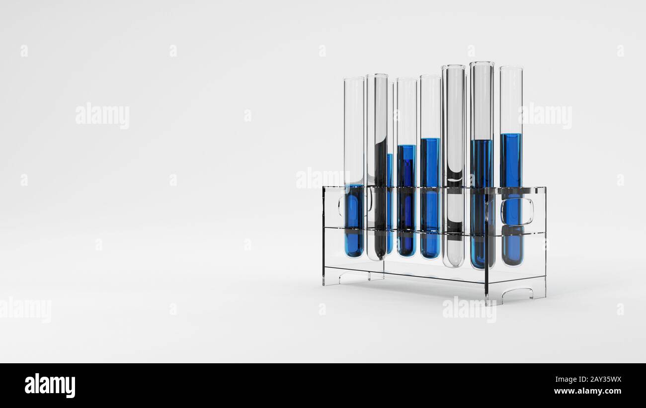 Group of test tube with blue solution sample in laboratory on white ...