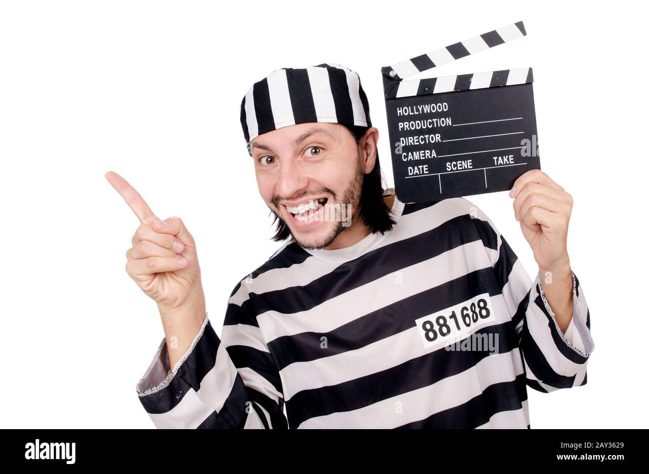 Funny prison inmate with movie board isolated on white Stock Photo - Alamy