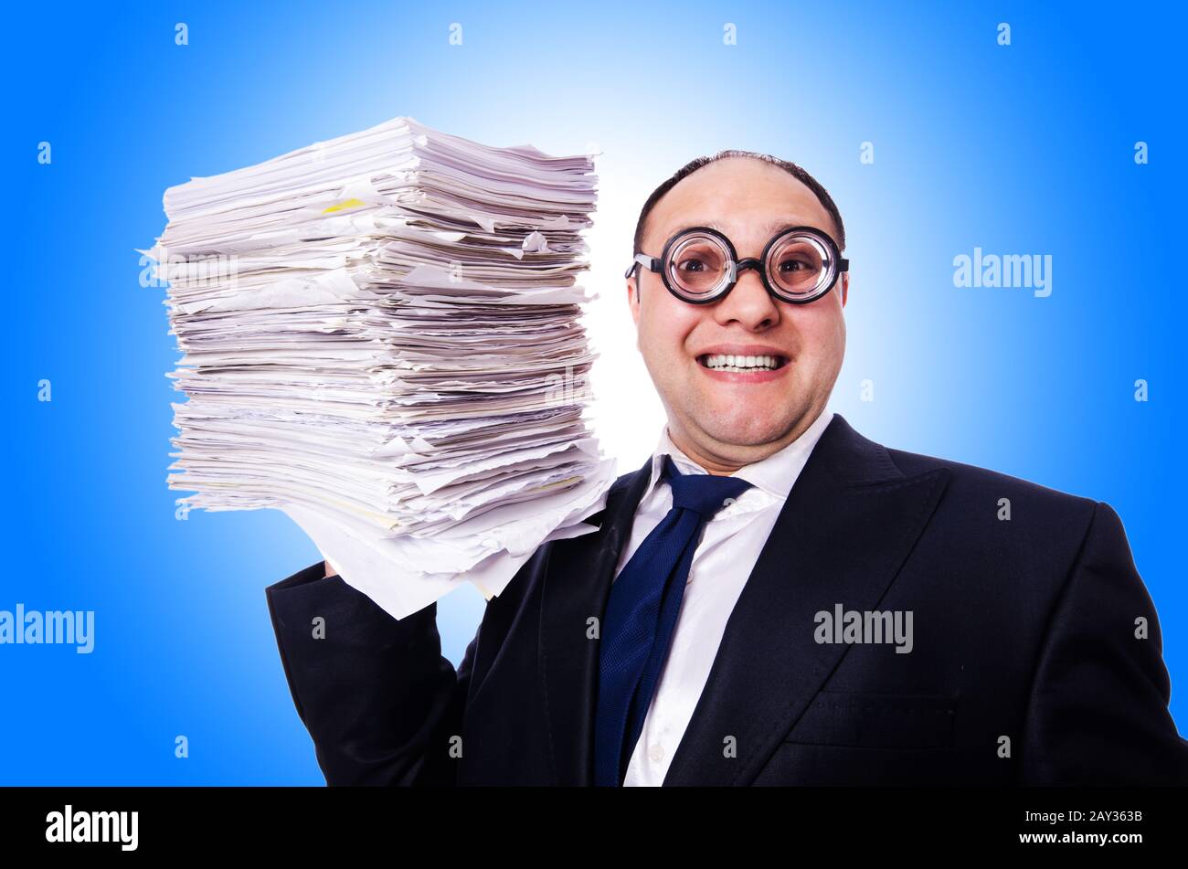Funny man with lots of folders on white Stock Photo - Alamy