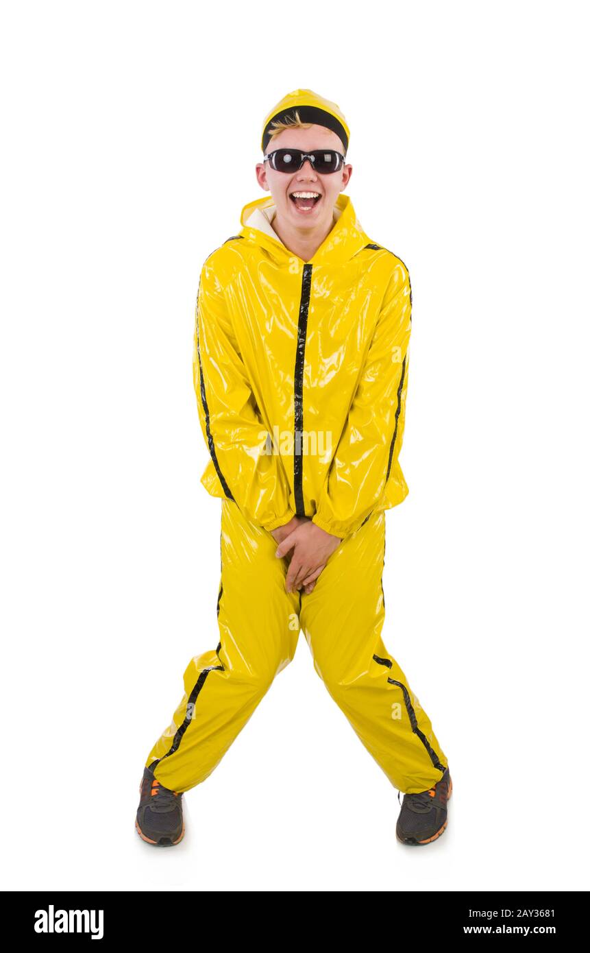 Man in yellow suit isolated on white Stock Photo - Alamy