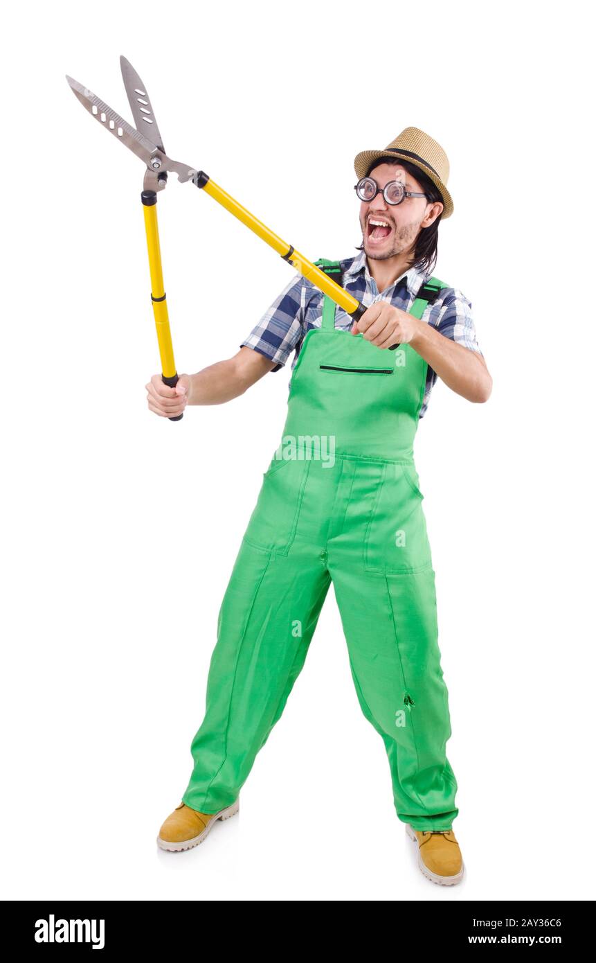 Funny gardener with shears isolated on white Stock Photo - Alamy