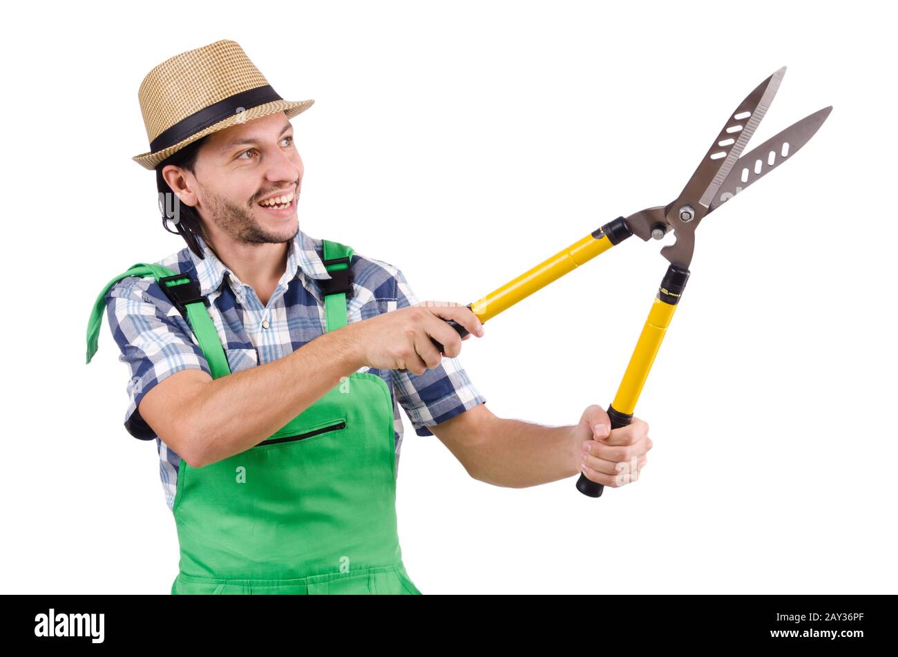 Funny gardener with shears isolated on white Stock Photo - Alamy