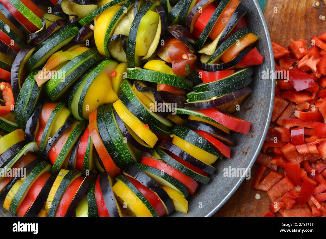 Ratatouille. Vegetable dish. Peasant food. Vegetables, cut into slices ...