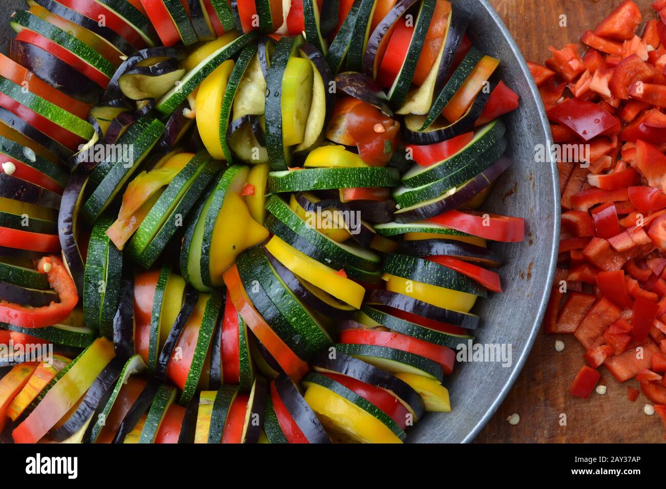 Ratatouille. Vegetable dish. Peasant food. Vegetables, cut into slices ...