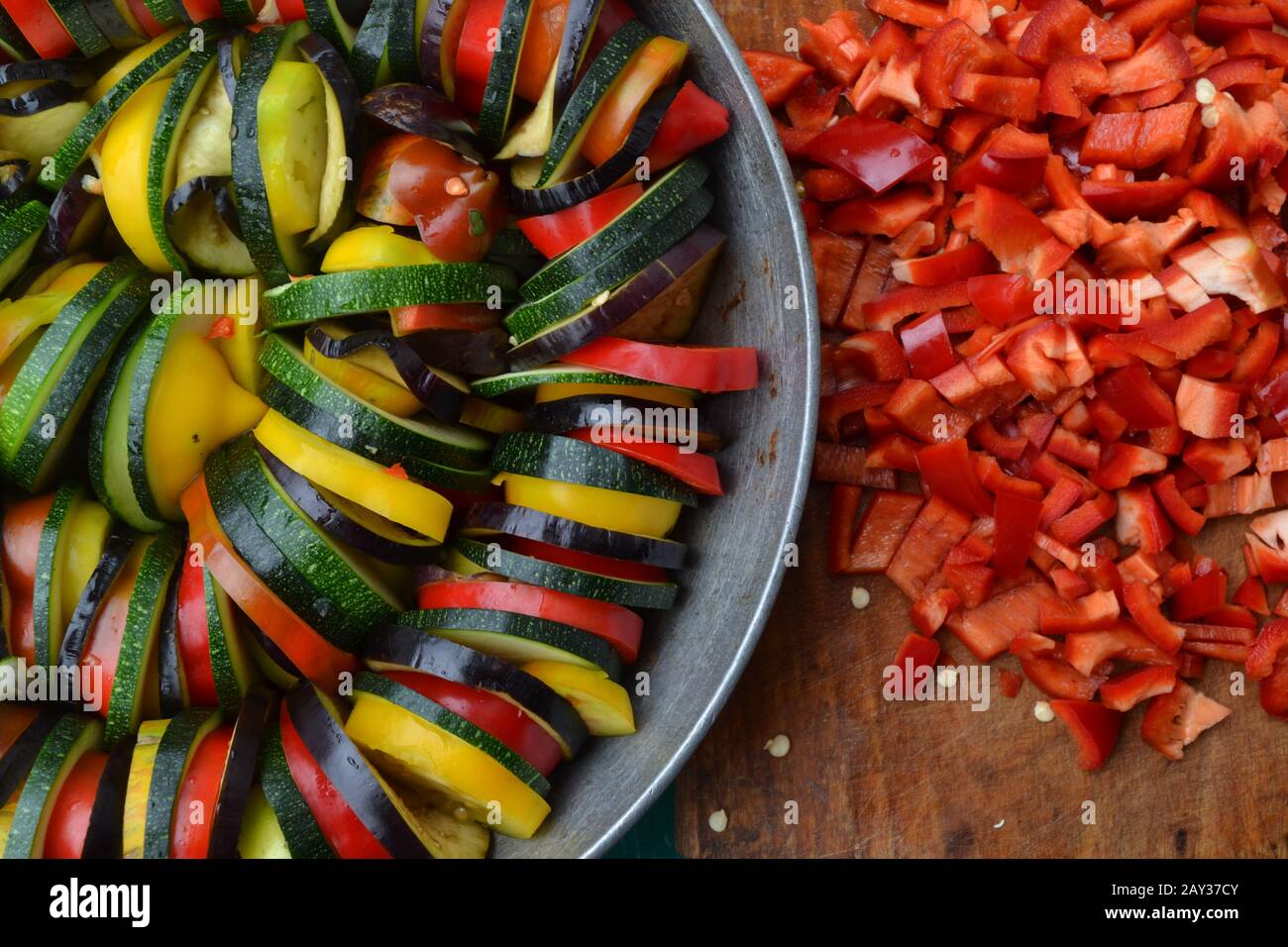 Ratatouille. Vegetable dish. Peasant food. Vegetables, cut into slices ...