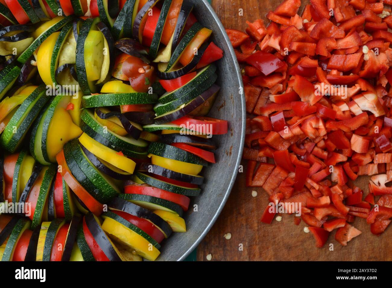 Ratatouille. Vegetable dish. Peasant food. Vegetables, cut into slices ...