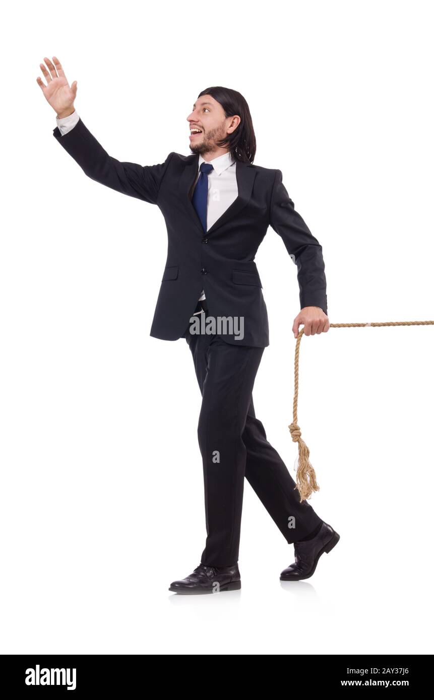 Young businessman pulling rope isolated on white Stock Photo - Alamy