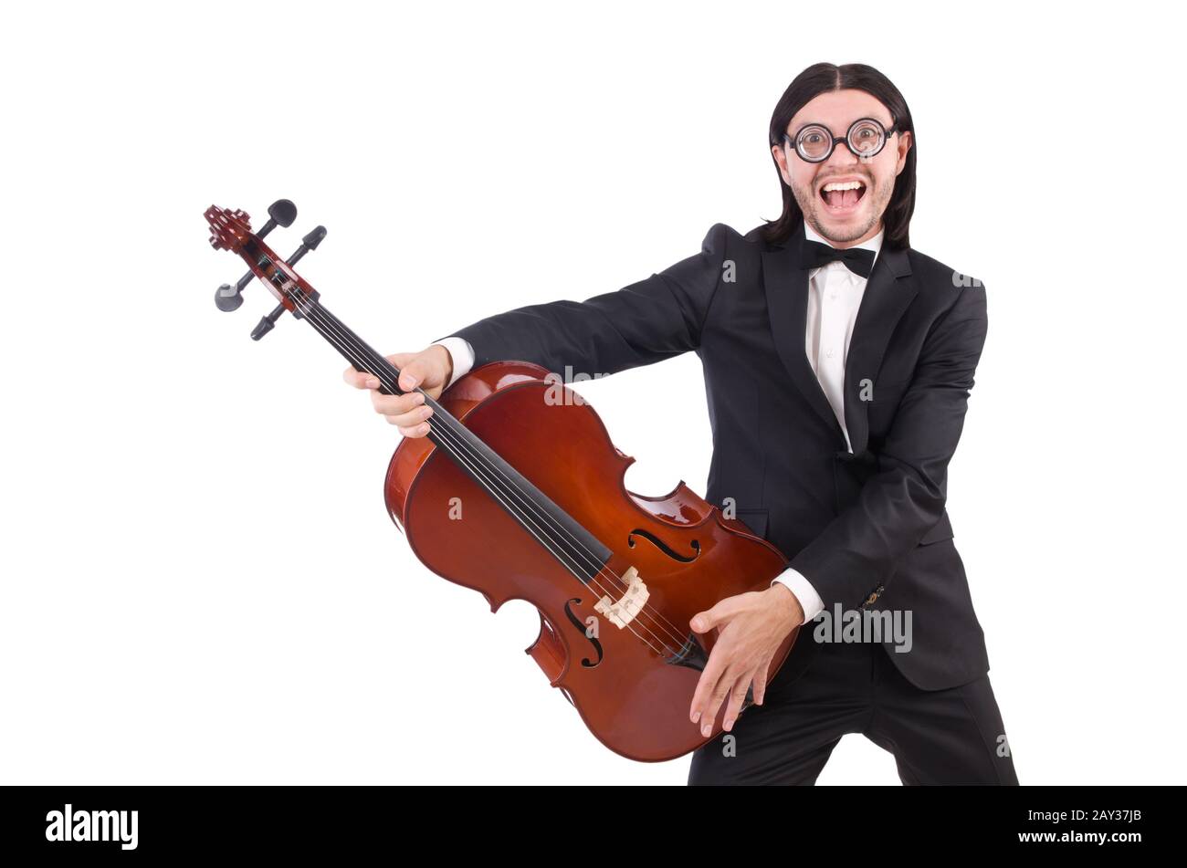 Funny man with music instrument on white Stock Photo - Alamy
