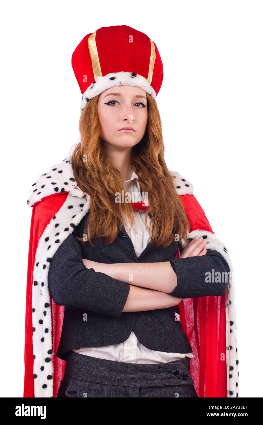 Woman business posing as queen isolated on white Stock Photo - Alamy