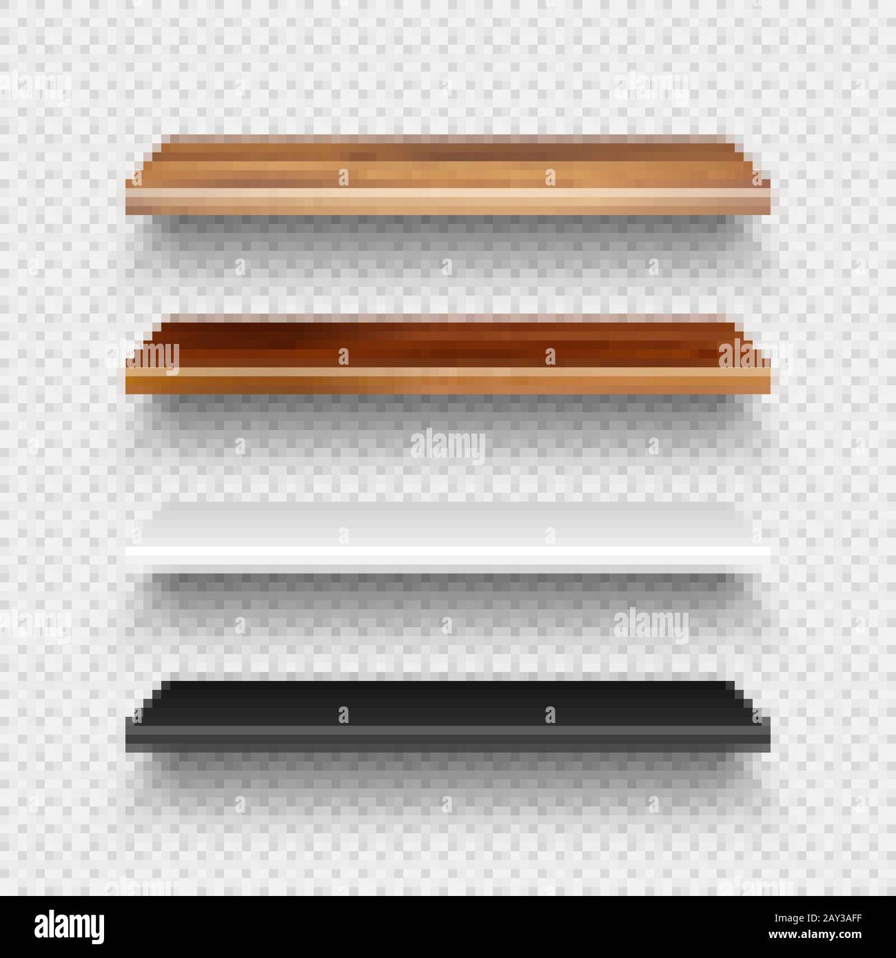 Realistic empty wooden store shelves set. Product shelf with wood ...