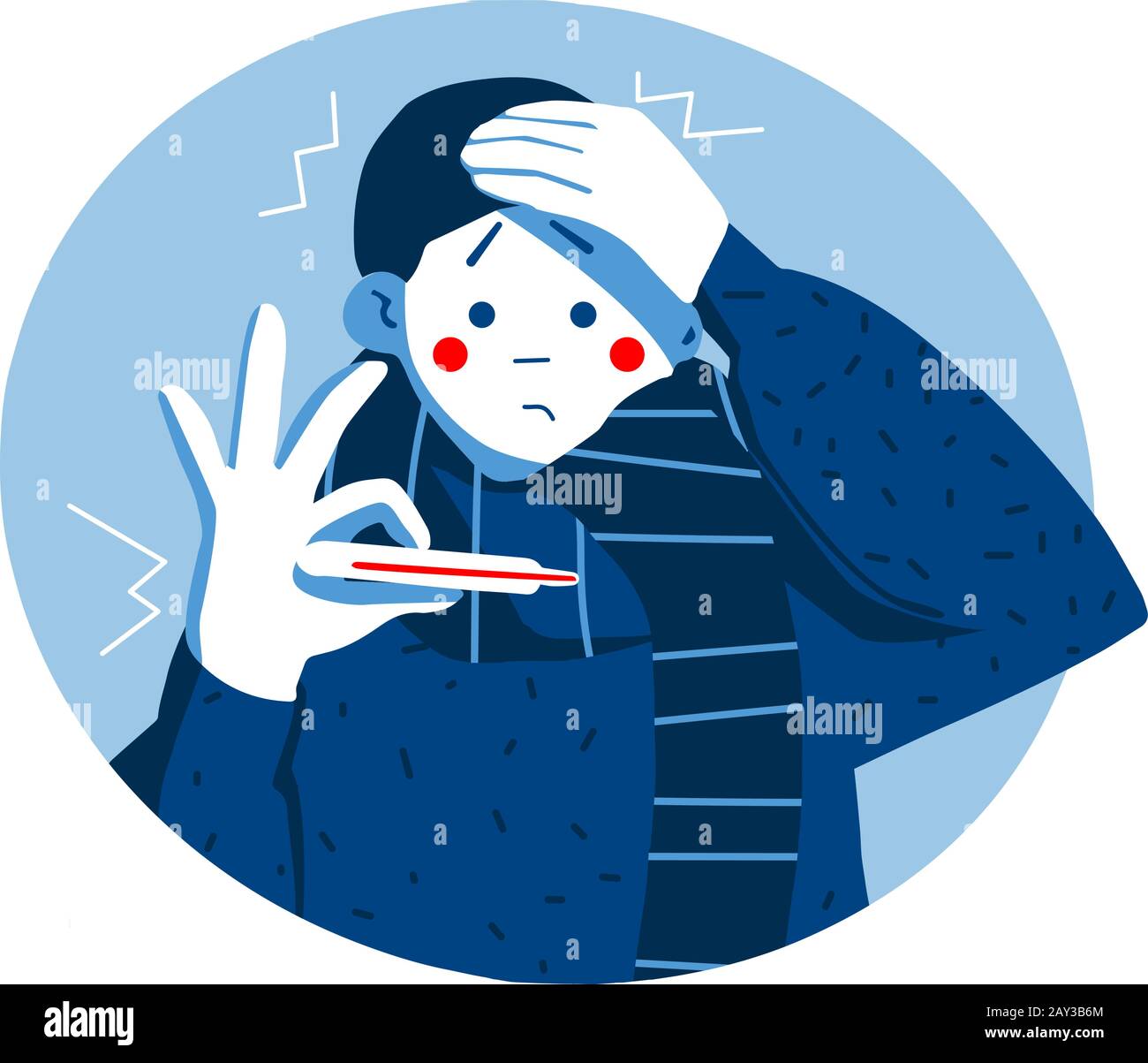 man having cold holding his head. Headache, fever and chills. Signs of ...