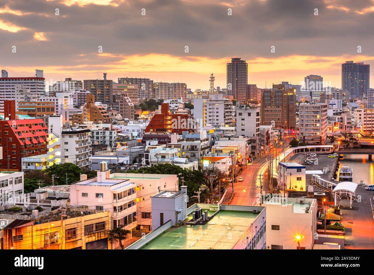 Naha, Okinawa, Japan downtown skyline at dawn from Tomari Port Stock ...
